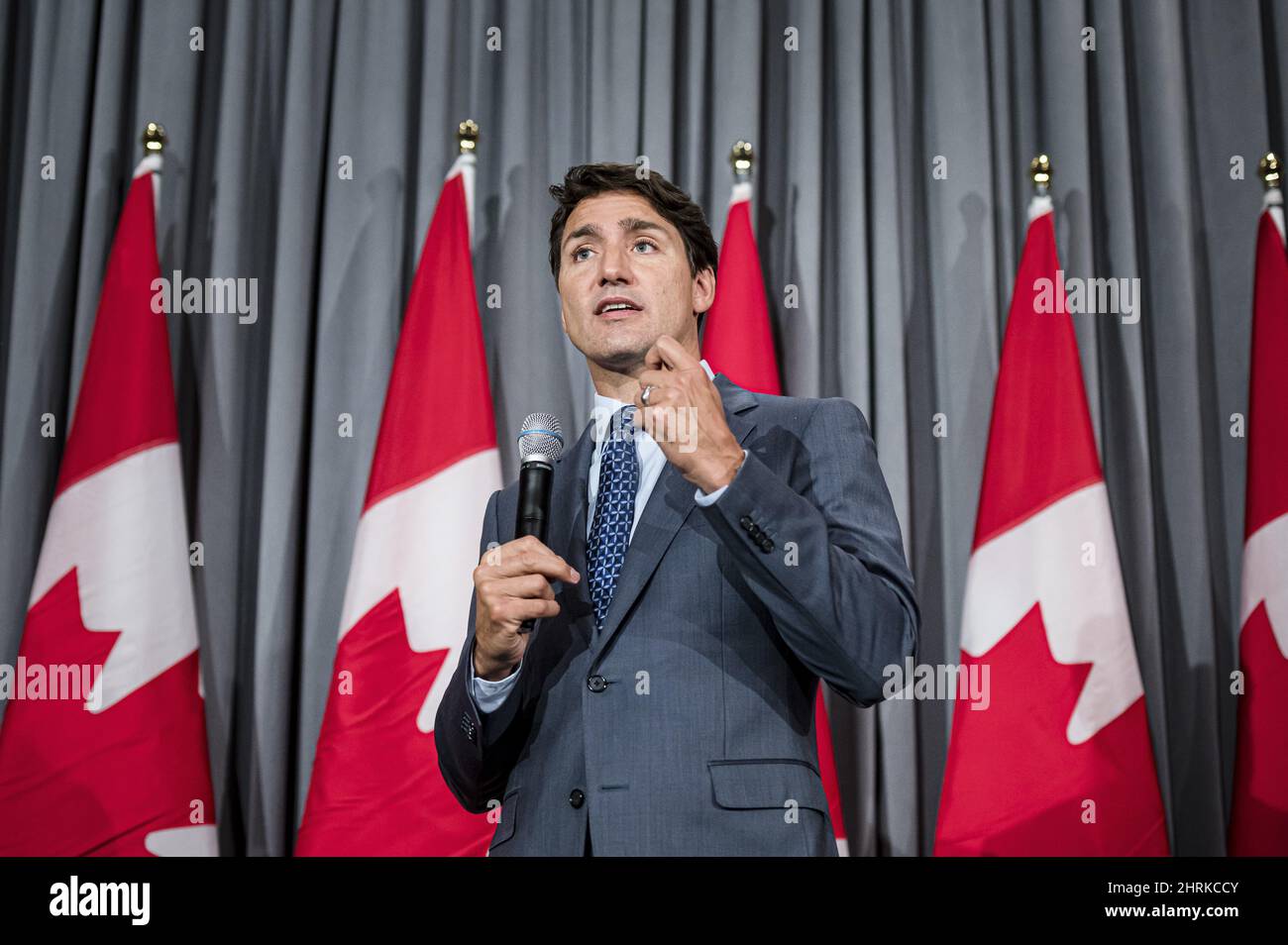 Prime Minister Justin Trudeau address a crowd at a Liberal fundraiser ...