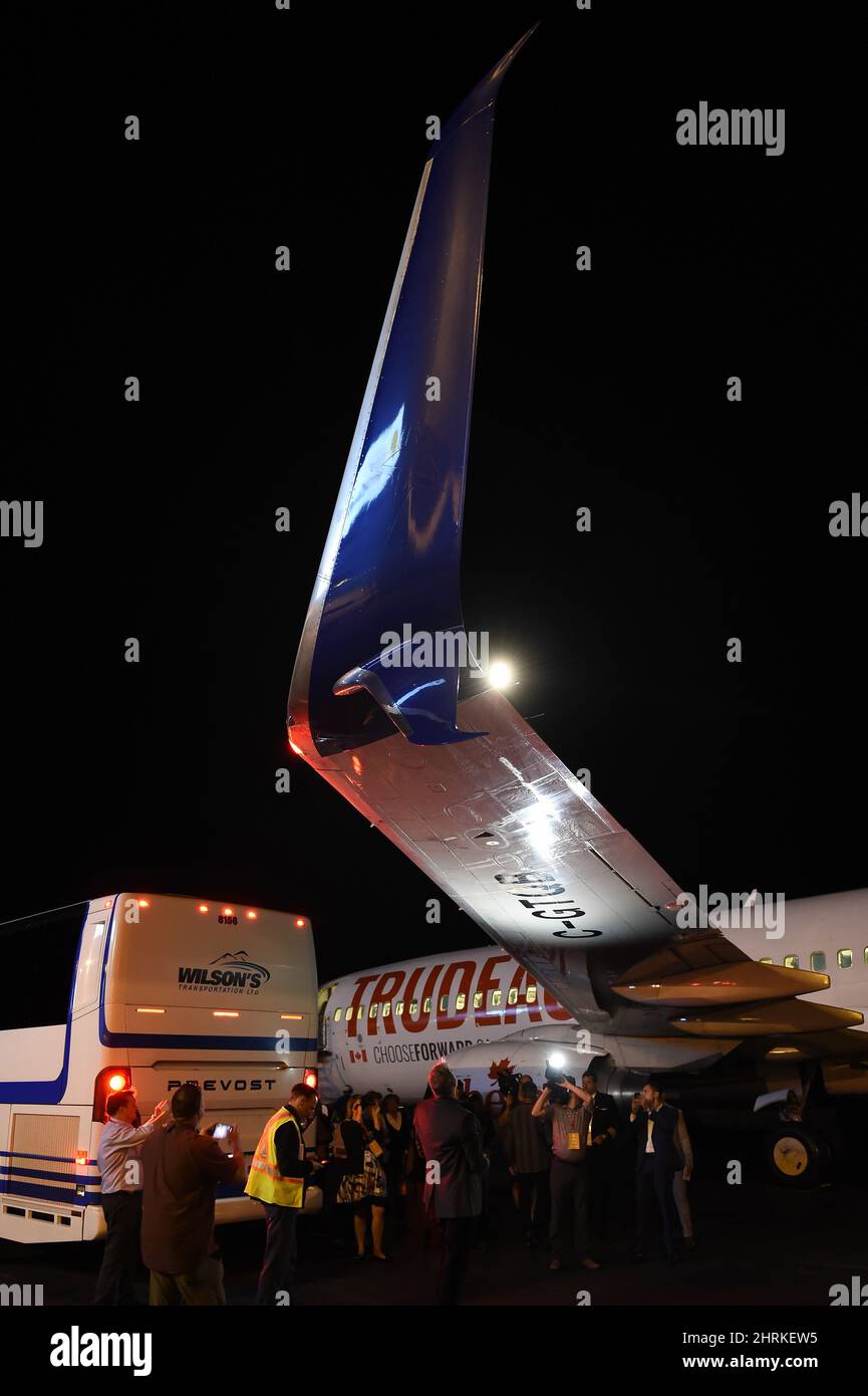 Members of the media inspect the wing from Liberal Leader Justin ...