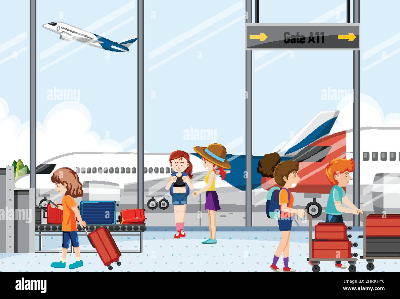 Airport terminal scene with passengers illustration Stock Vector Image ...