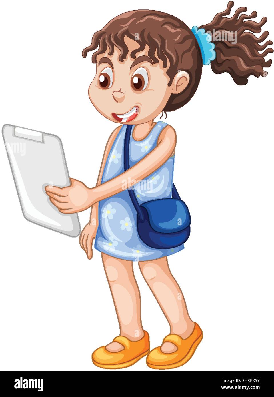 A girl standing on the floor and hold tablet cartoon character on white ...