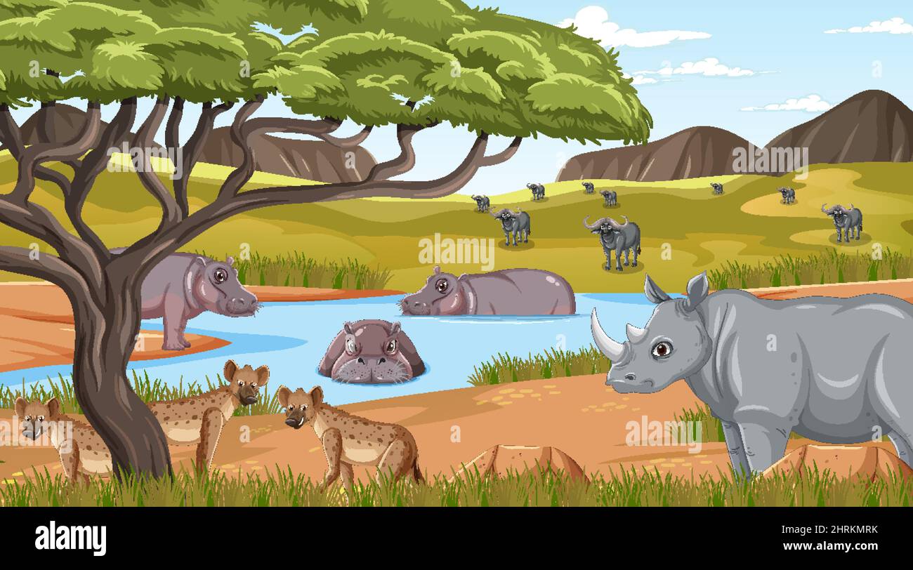 Wild animals in savanna forest scene illustration Stock Vector Image ...