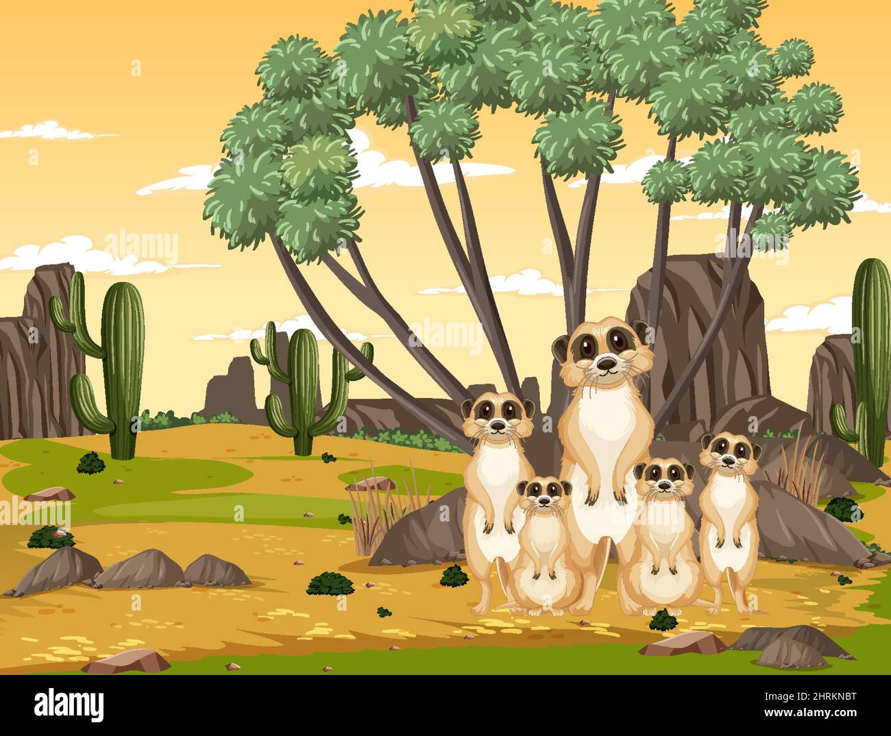 Desert background with a group of meerkats illustration Stock Vector ...