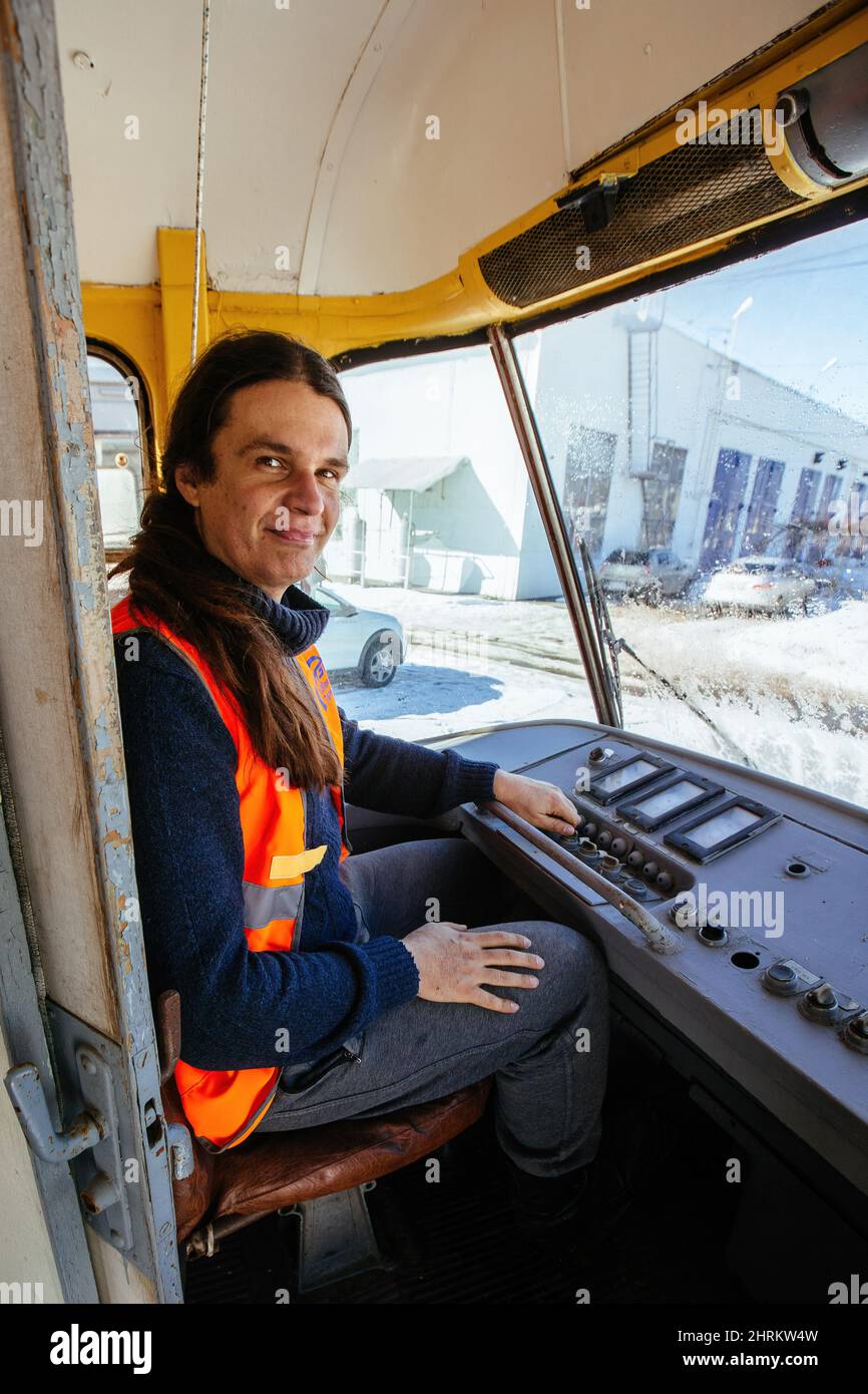 Male tram driver at the old tramway Stock Photo - Alamy