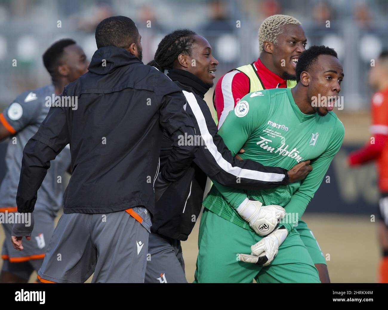 Hamilton Forge goalkeeper Triston Henry, right, celebrates their ...