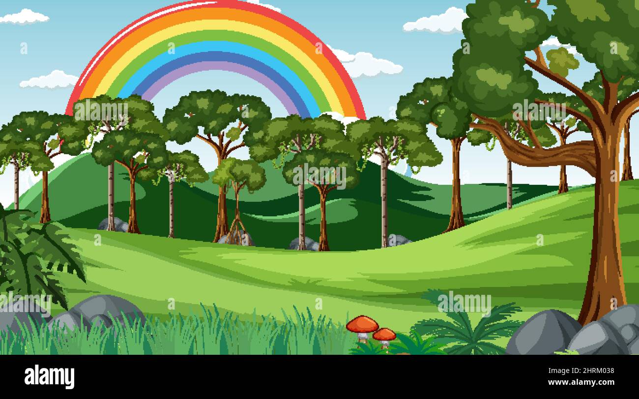 Nature forest scene with rainbow in the sky illustration Stock Vector ...