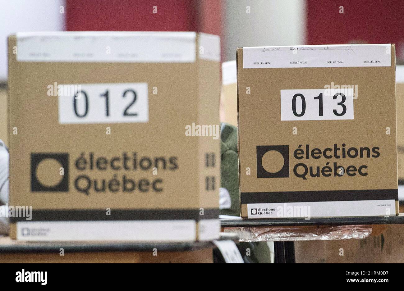 Ballot boxes are shown at a polling station in Montreal, Monday, Oct. 1 ...
