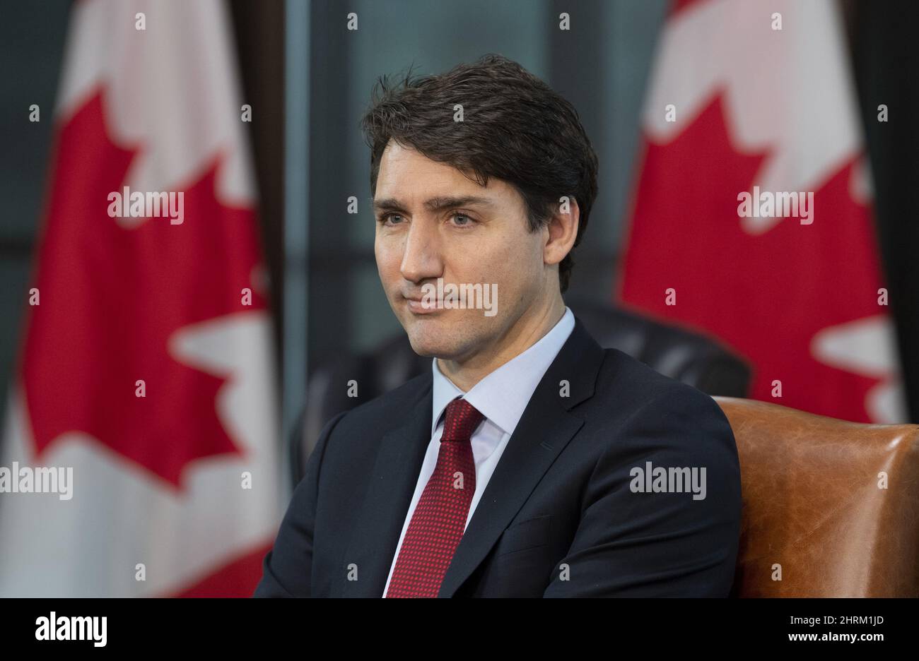 Prime Minister Justin Trudeau is seen during a photo op in his office ...