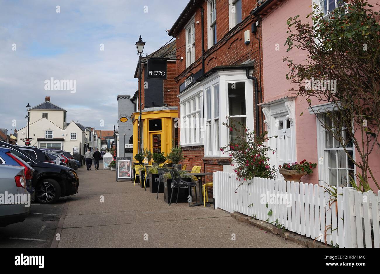 View of shops and restaurants on the High Street in Aldeburgh, Suffolk ...