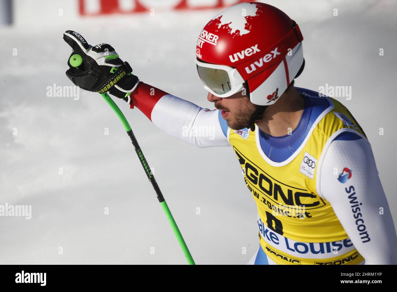 Switzerland's Carlo Janka reacts in the finish area following his run ...
