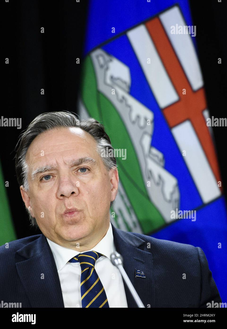 Francois Legault, Premier of Quebec looks on during a press conference ...