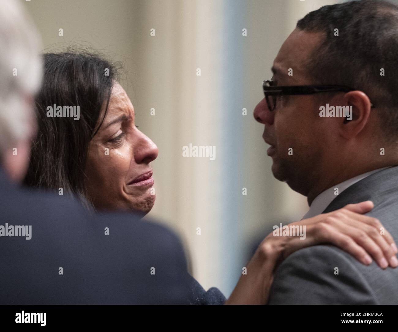 Quebec Liberal MNA Dominique Anglade gets a hug from Quebec junior ...