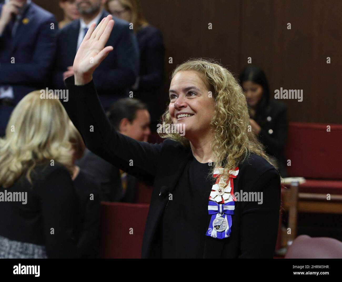 Governor General Julie Payette waves to the gallery as she waits to deliver the Throne Speech in ...