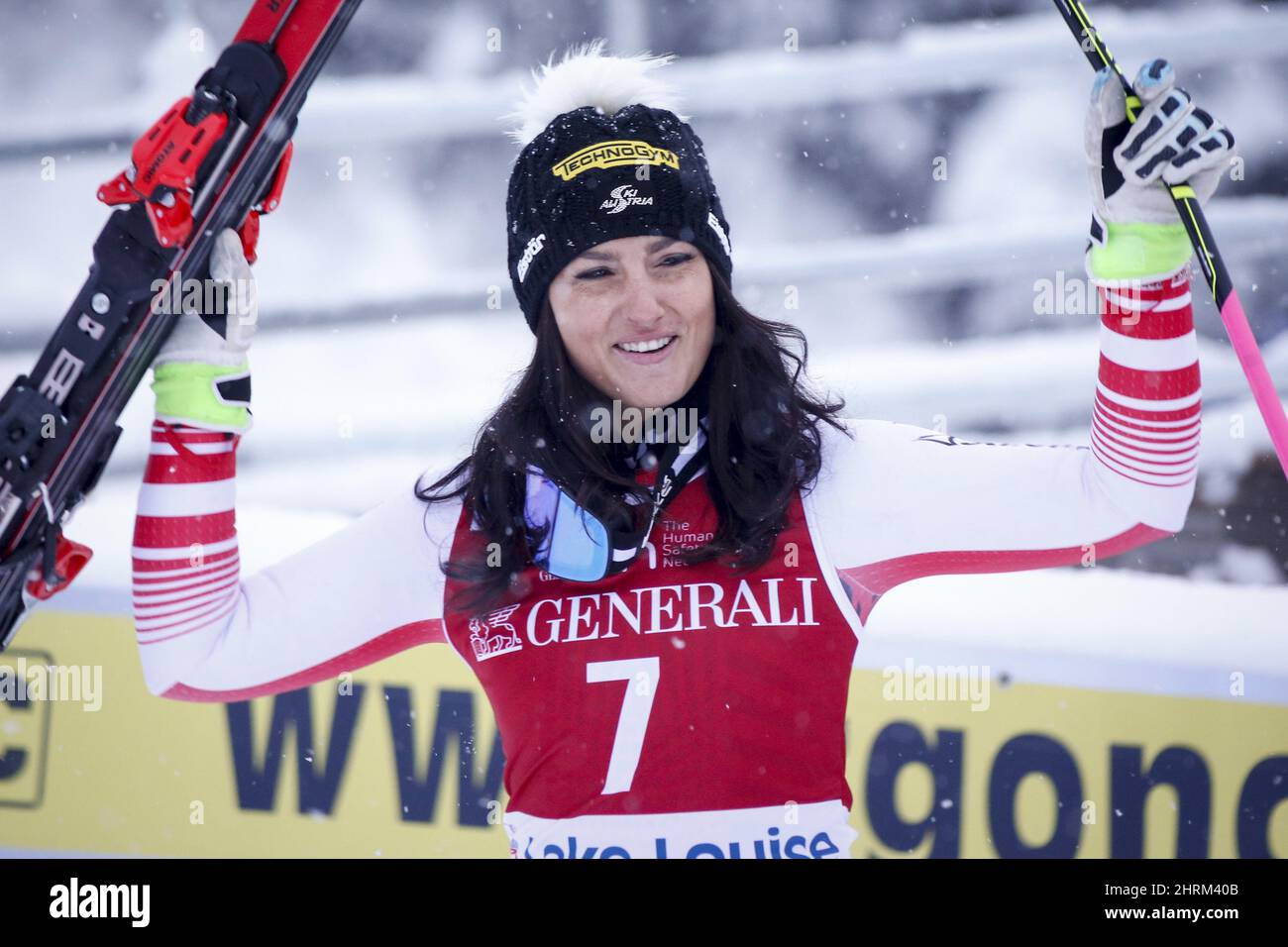 Austria's Stephanie Venier celebrates on the podium following her third ...