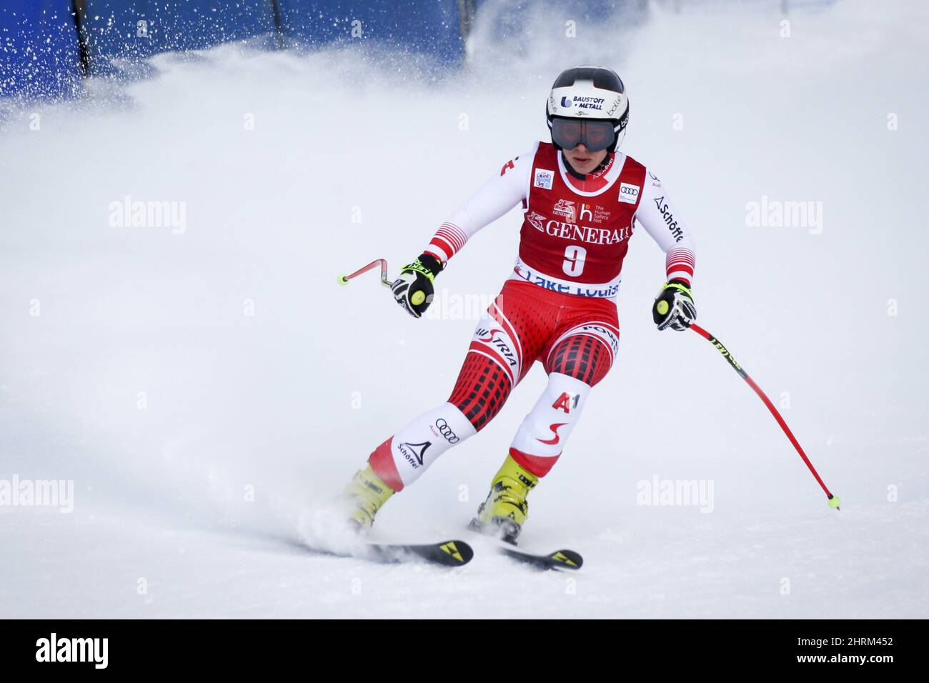 Austria's Nicole Schmidhofer reacts in the finish area following her ...