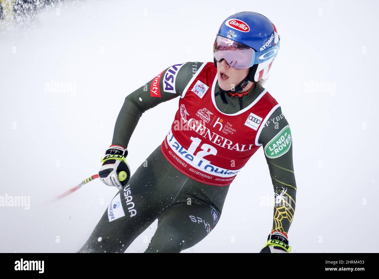 Mikaela Shiffrin, of the United States, reacts in the finish area ...