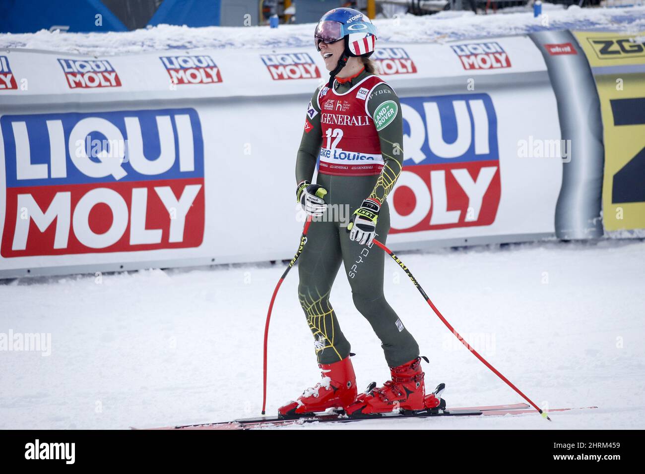 Mikaela Shiffrin, of the United States, reacts in the finish area ...