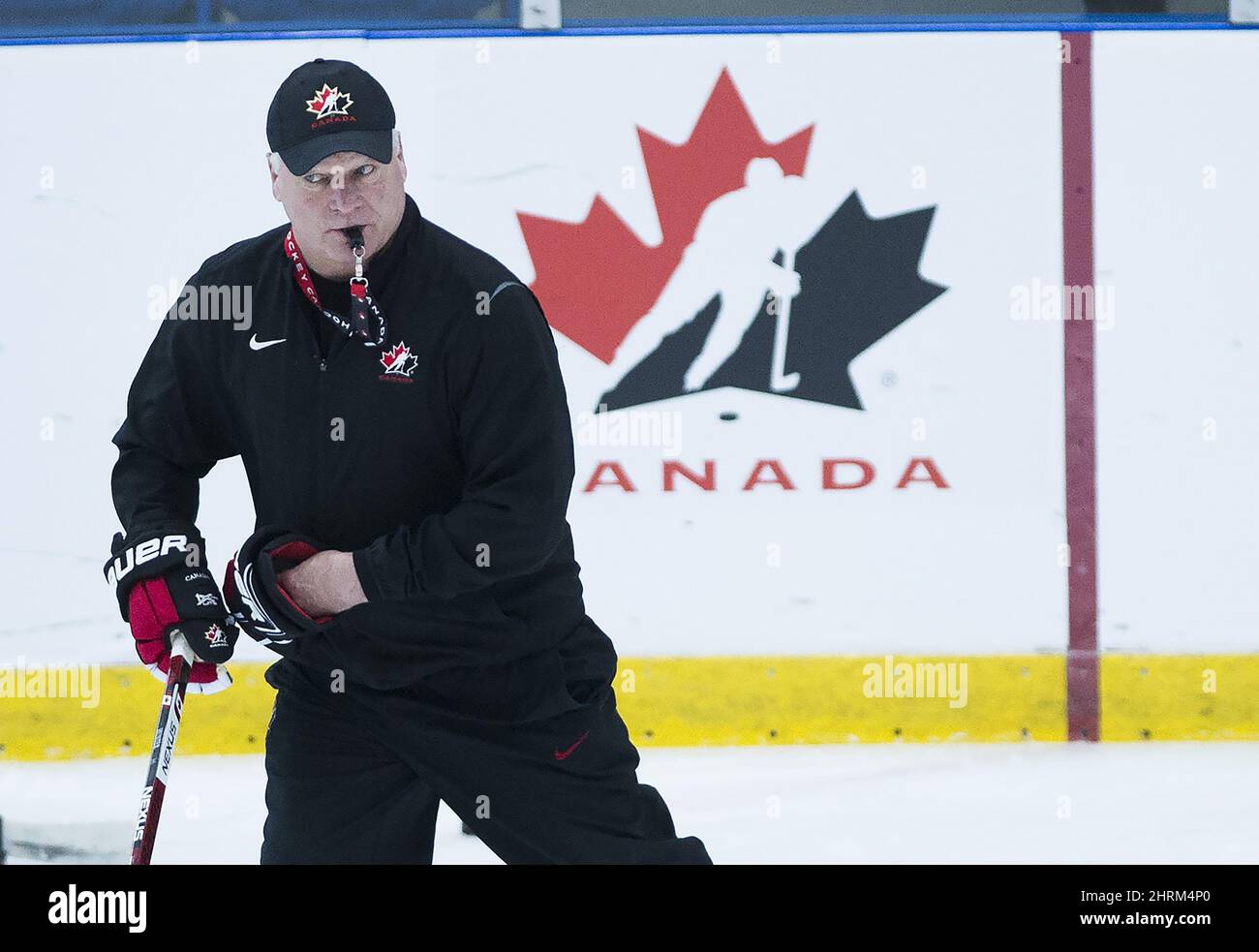 Canada head coach Dale Hunter runs drills during practice at the team ...