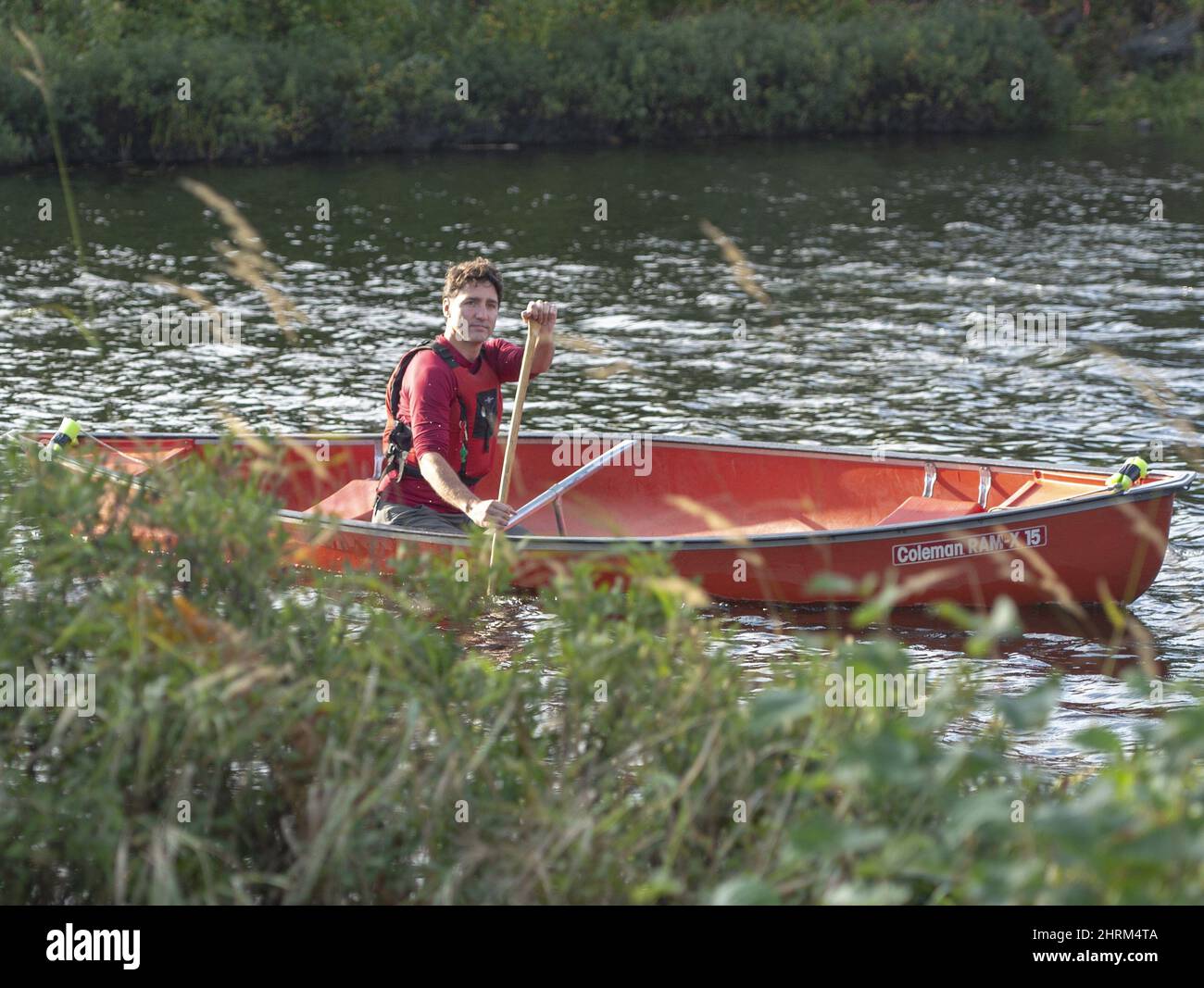 Liberal leader Justin Trudeau canoes on Lake Laurentin before making an ...