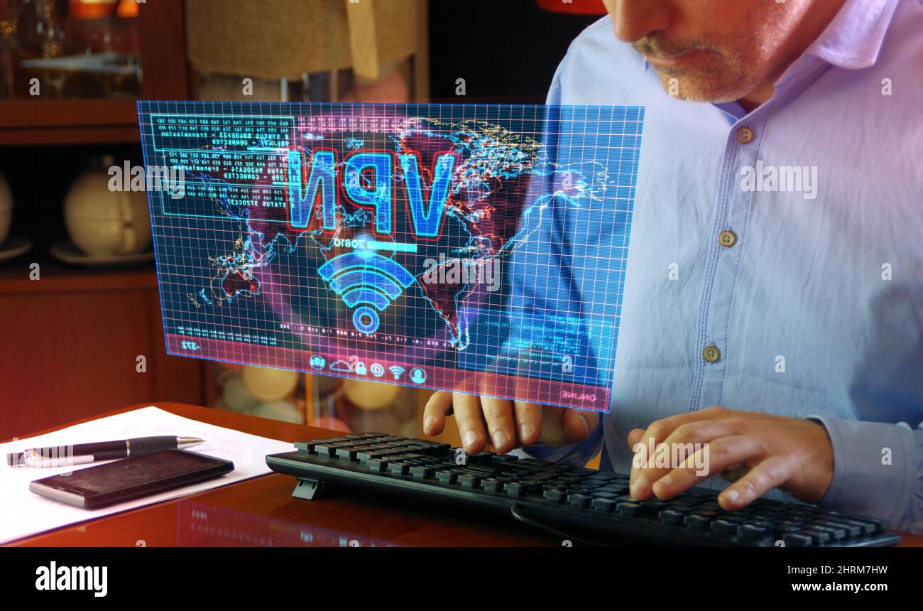 VPN on computer screen. VPN, virtual private network and encrypted link ...