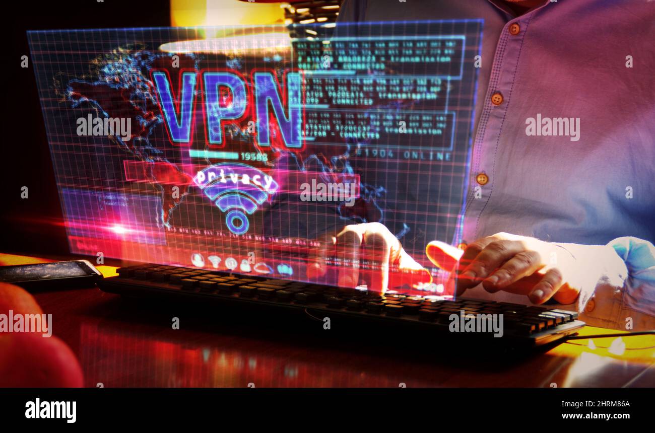 VPN on computer screen. VPN, virtual private network and encrypted link ...