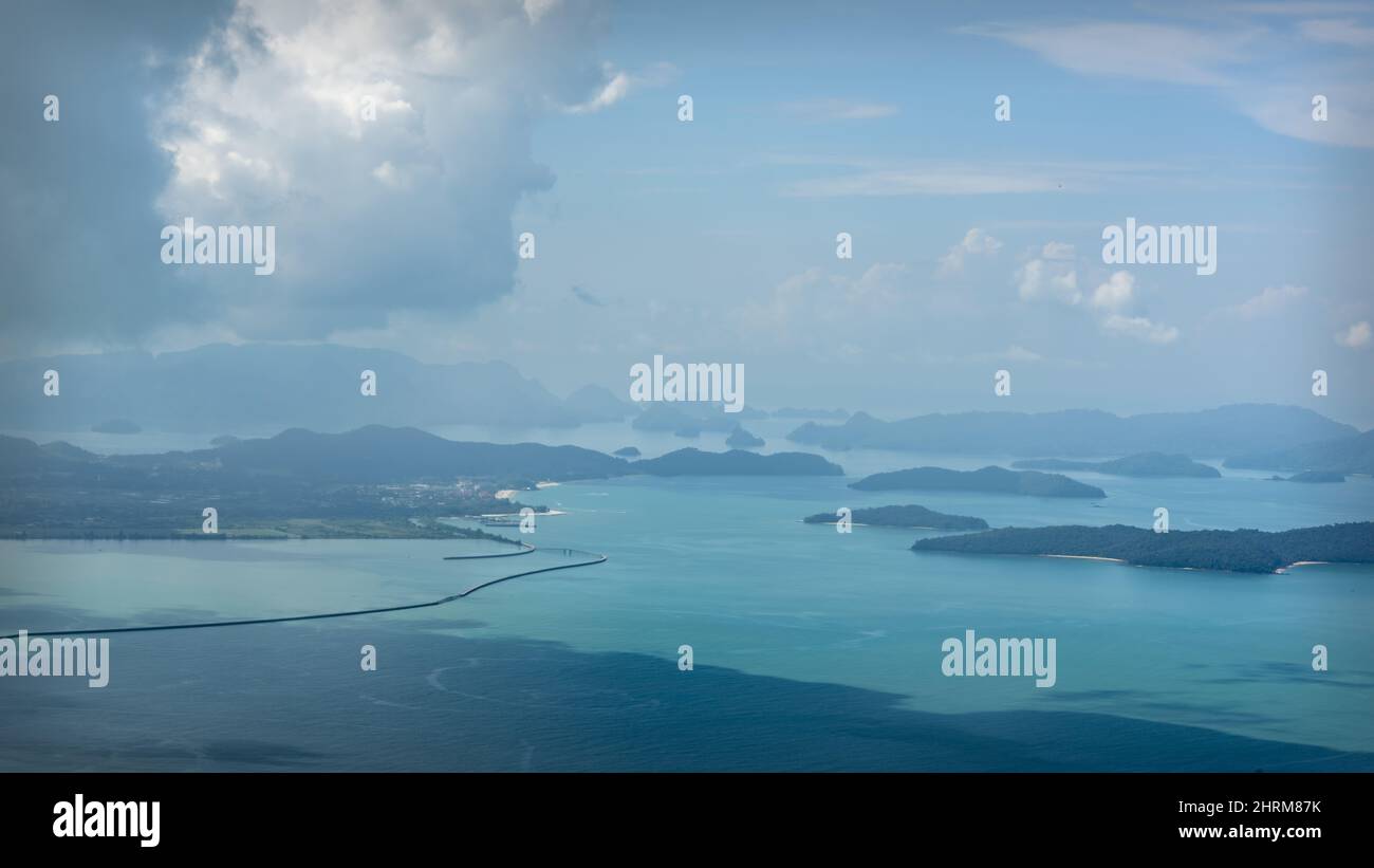 Aerial view of islets surrounded by seawater in the Langkawi Island ...