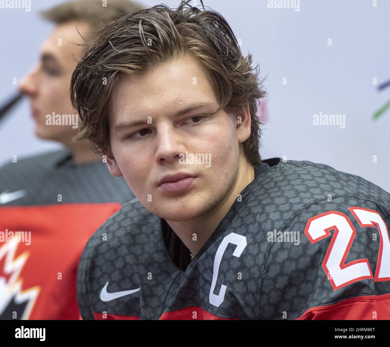 Canada captain Barrett Hayton waits for the team photo before the team ...