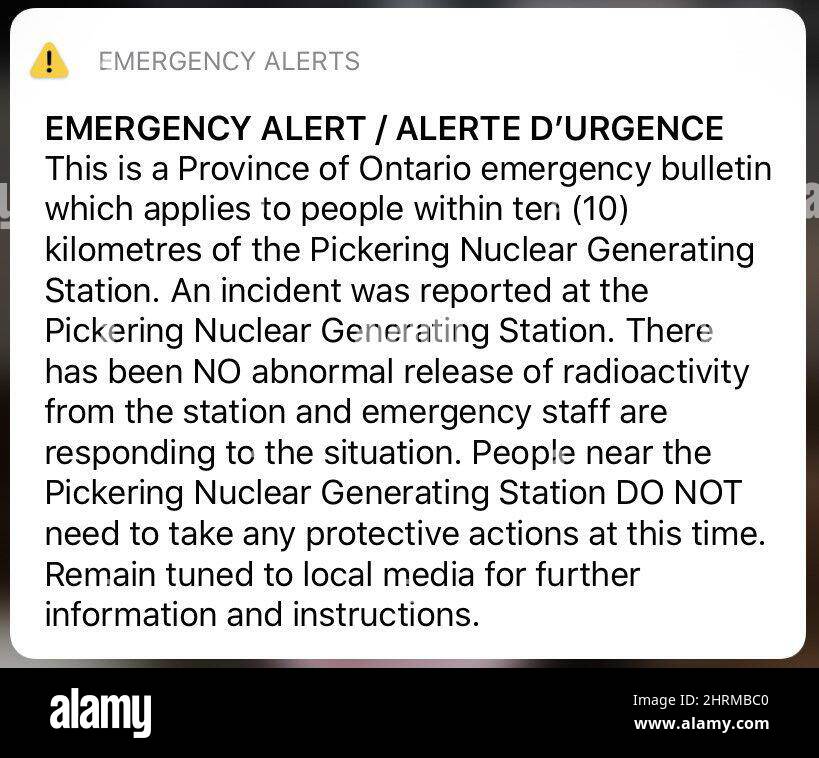 An alert warning Ontario residents of an unspecified incident at ...