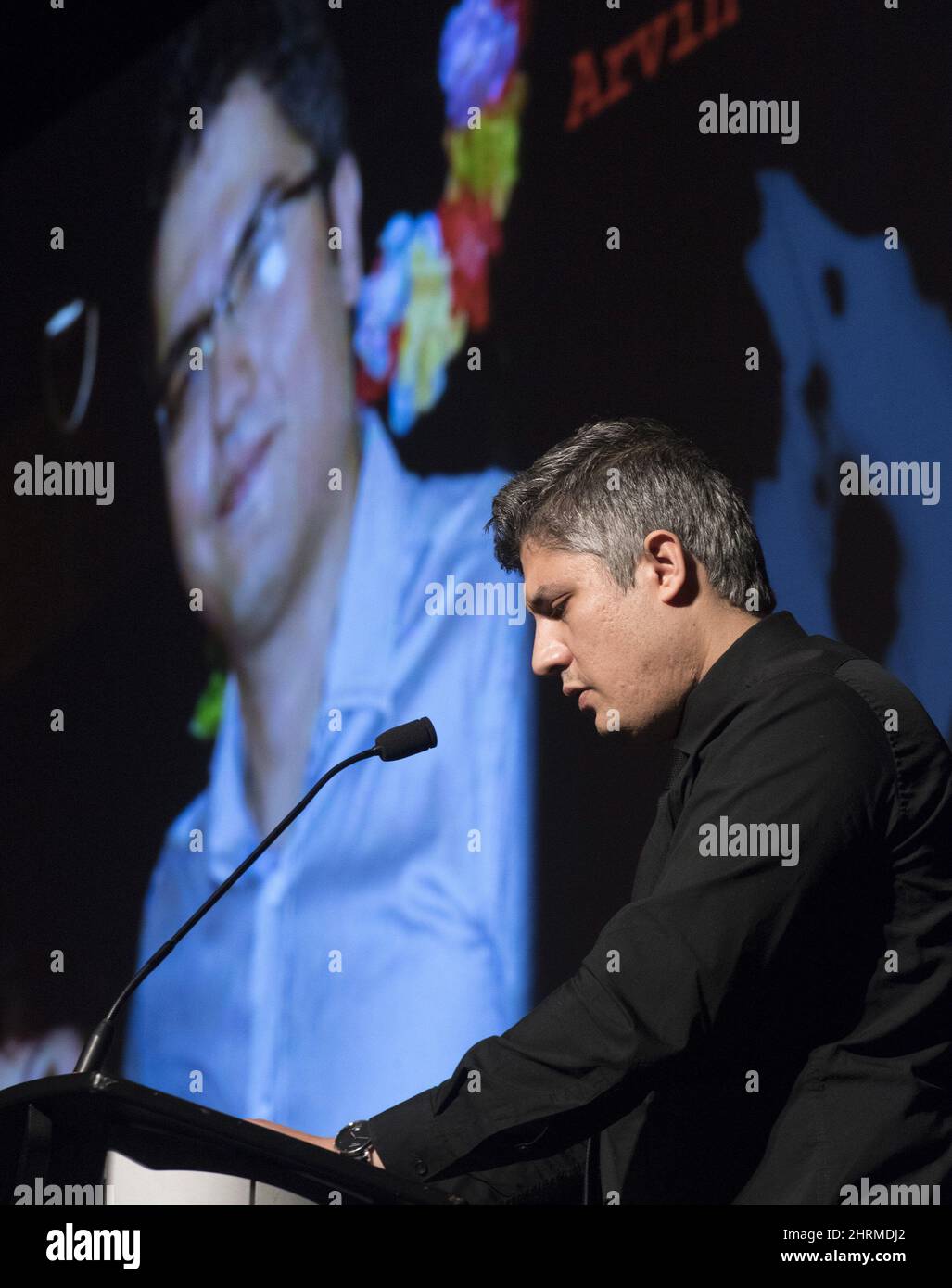 Armin Morattab speaks during a ceremony in Montreal, Sunday, January 19 ...