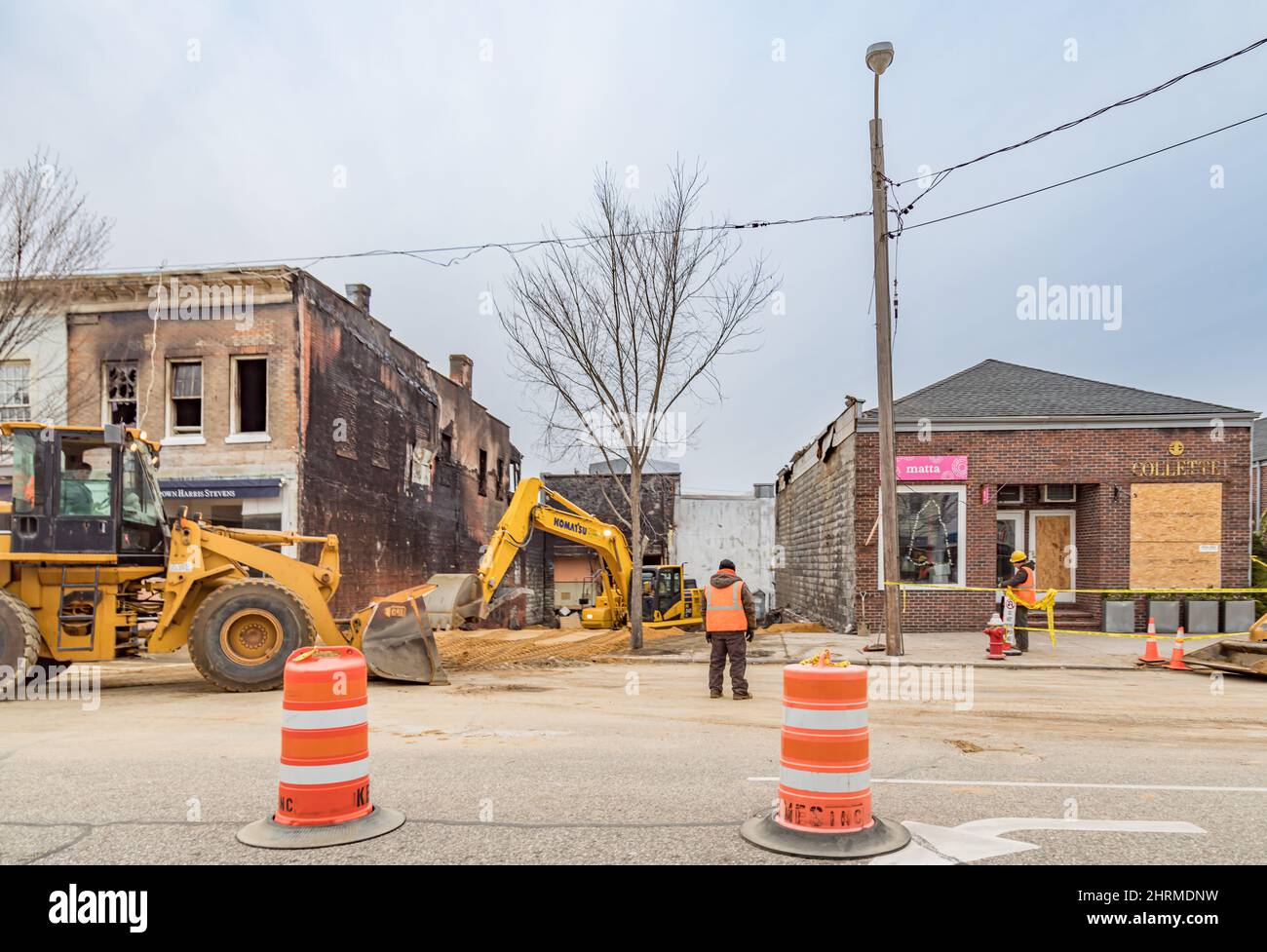 Heavy equipment working after the Sag Harbor Cinema fire in 2016 Stock ...