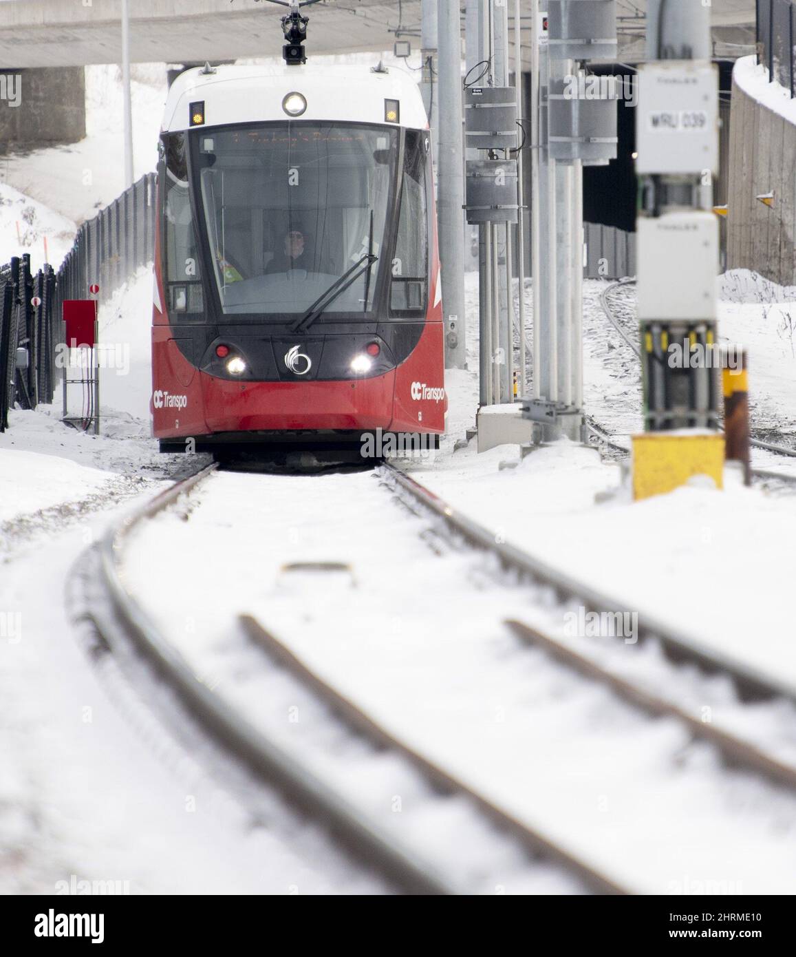 An OC Transpo light rail train is seen heading towards downtown Ottawa ...