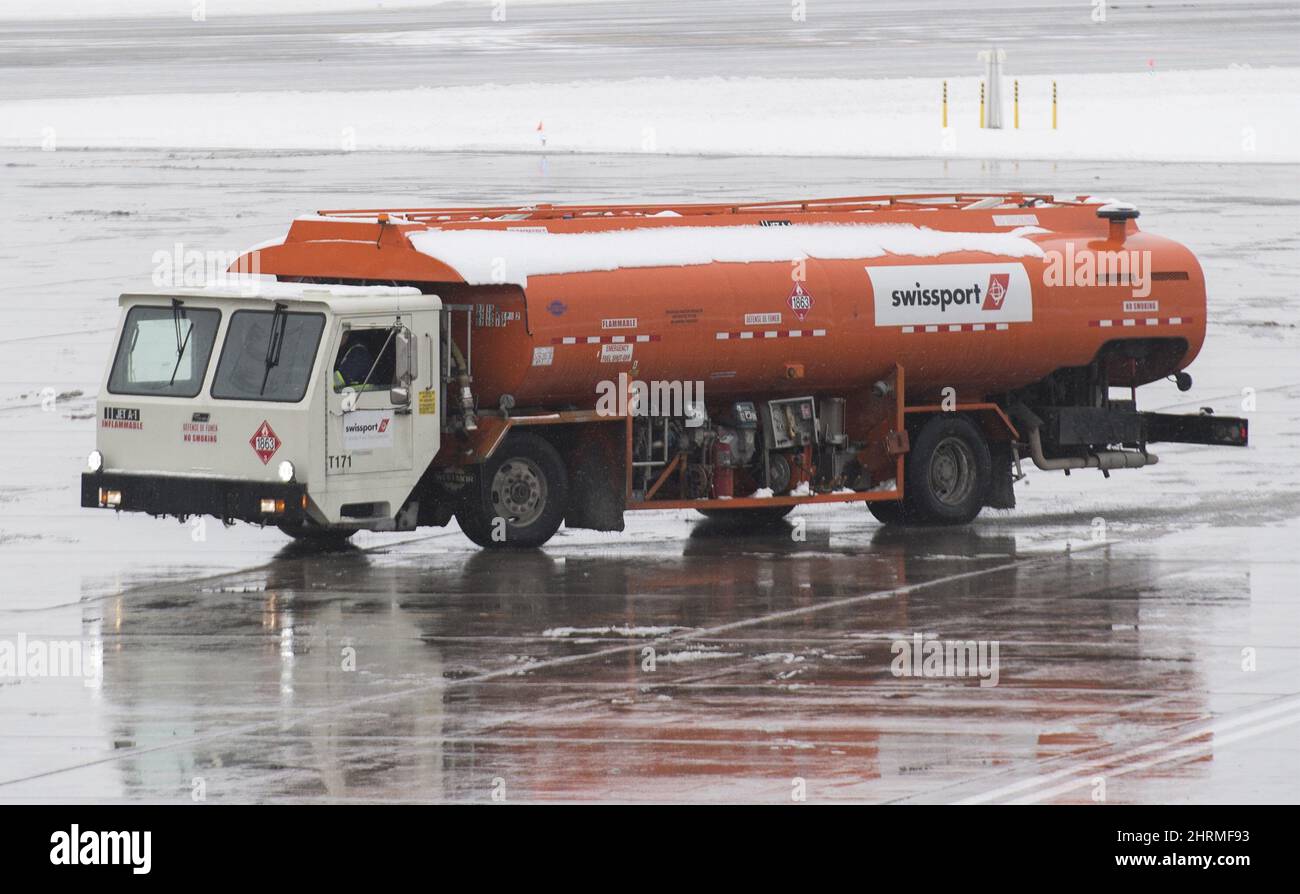 A Swissport refuelling truck is shown at Pierre Elliott Trudeau Airport ...