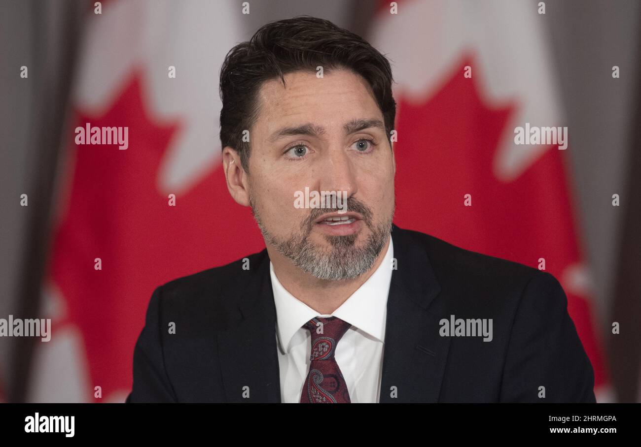Canadian Prime Minister Justin Trudeau delivers opening remarks at a ...