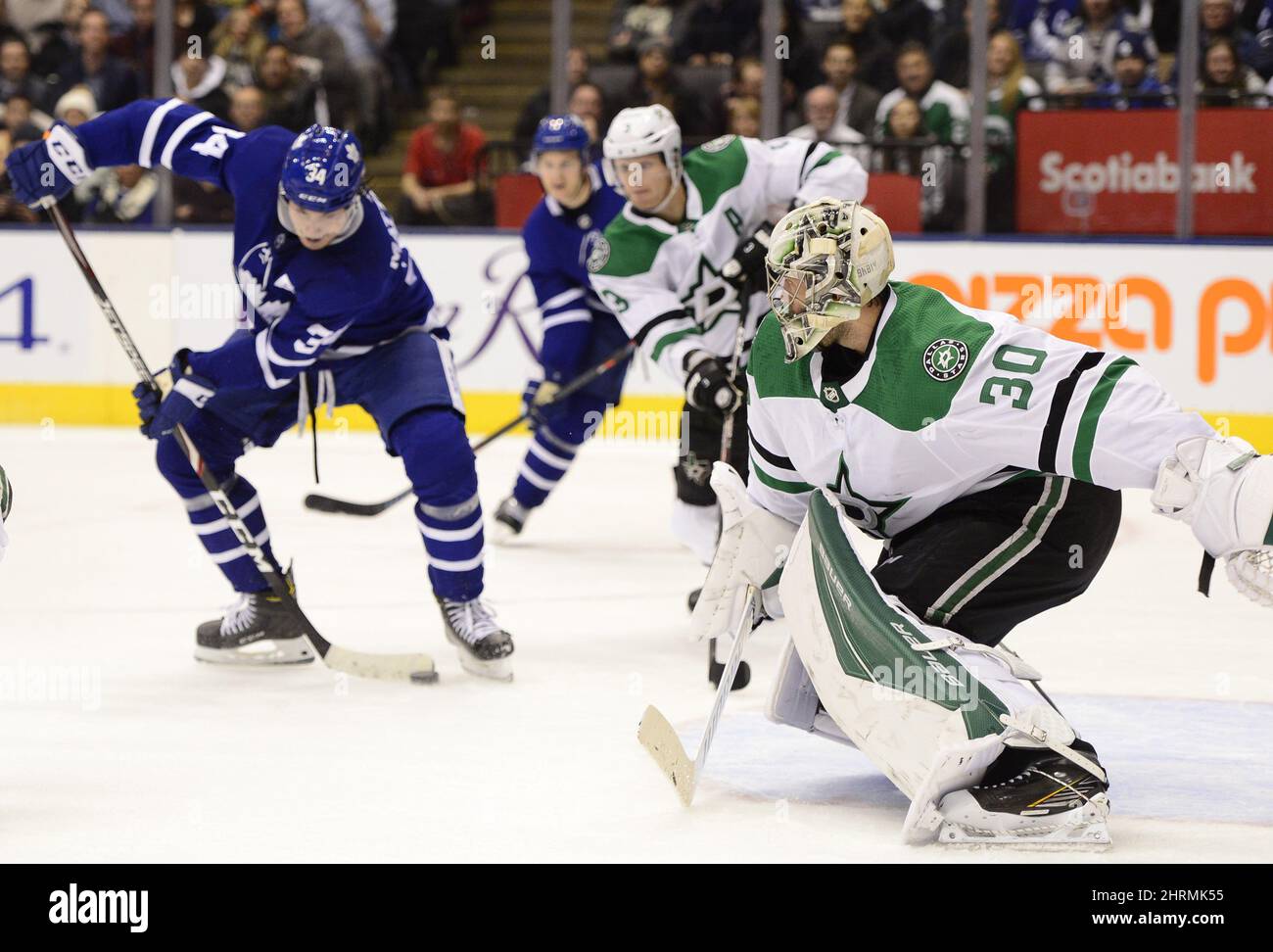 Stars goaltender Ben Bishop (30) starts to move as Toronto Maple Leafs ...