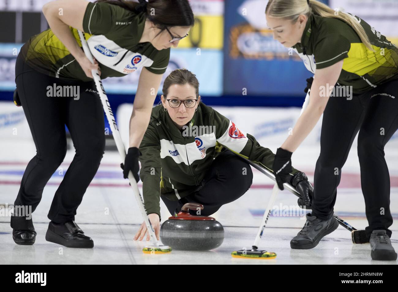 Team Northern Ontario skip Krista McCarville makes a shot as lead Jen ...