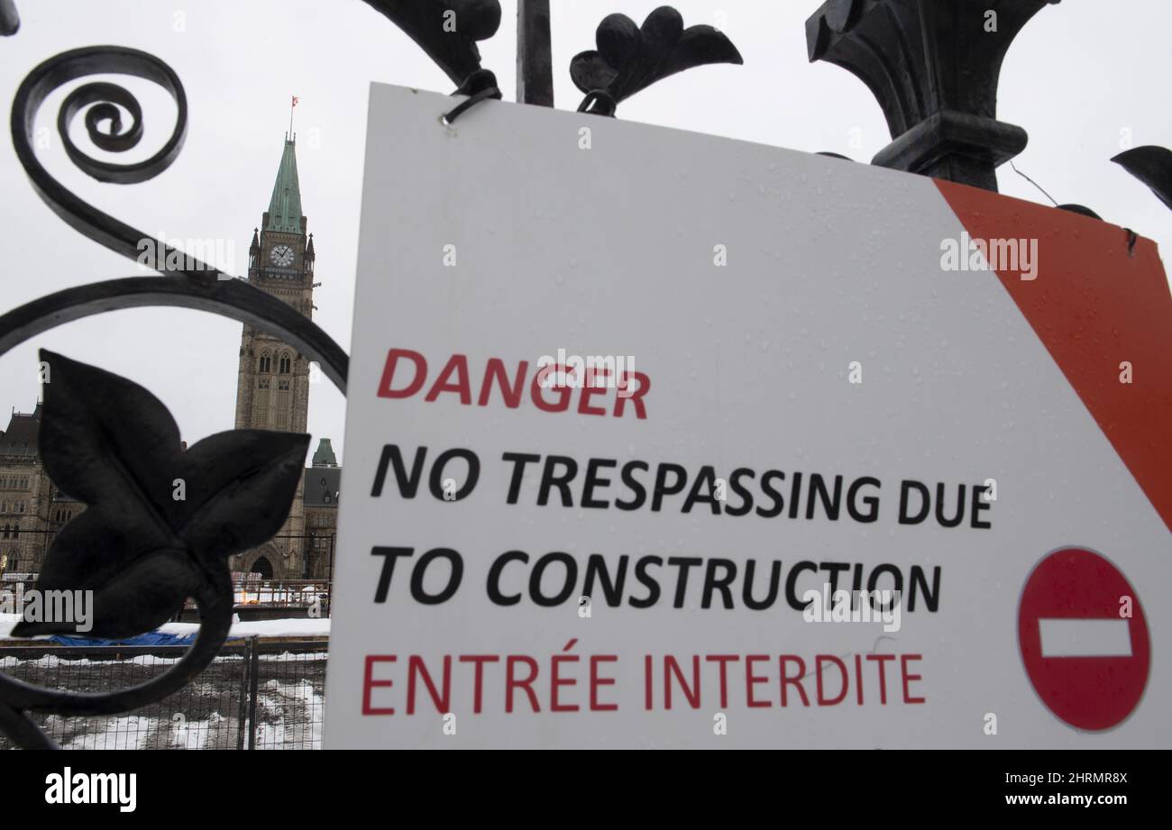 A construction sign hangs on the Queen's Gates on Parliament Hill in ...