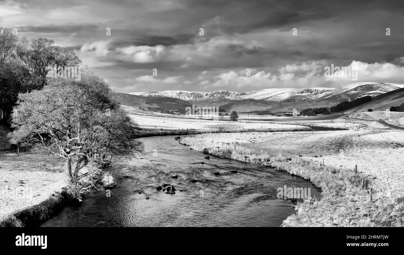 Grayscale landscape of a river in the Glen Clova Valley, Scotland Stock ...