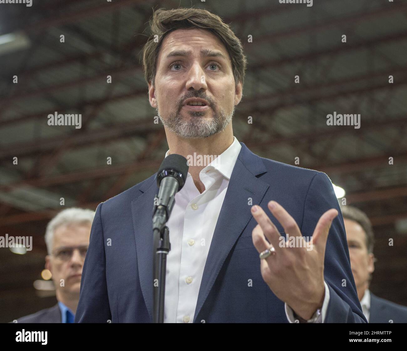 Prime Minister Justin Trudeau speaks to the media while touring the ...