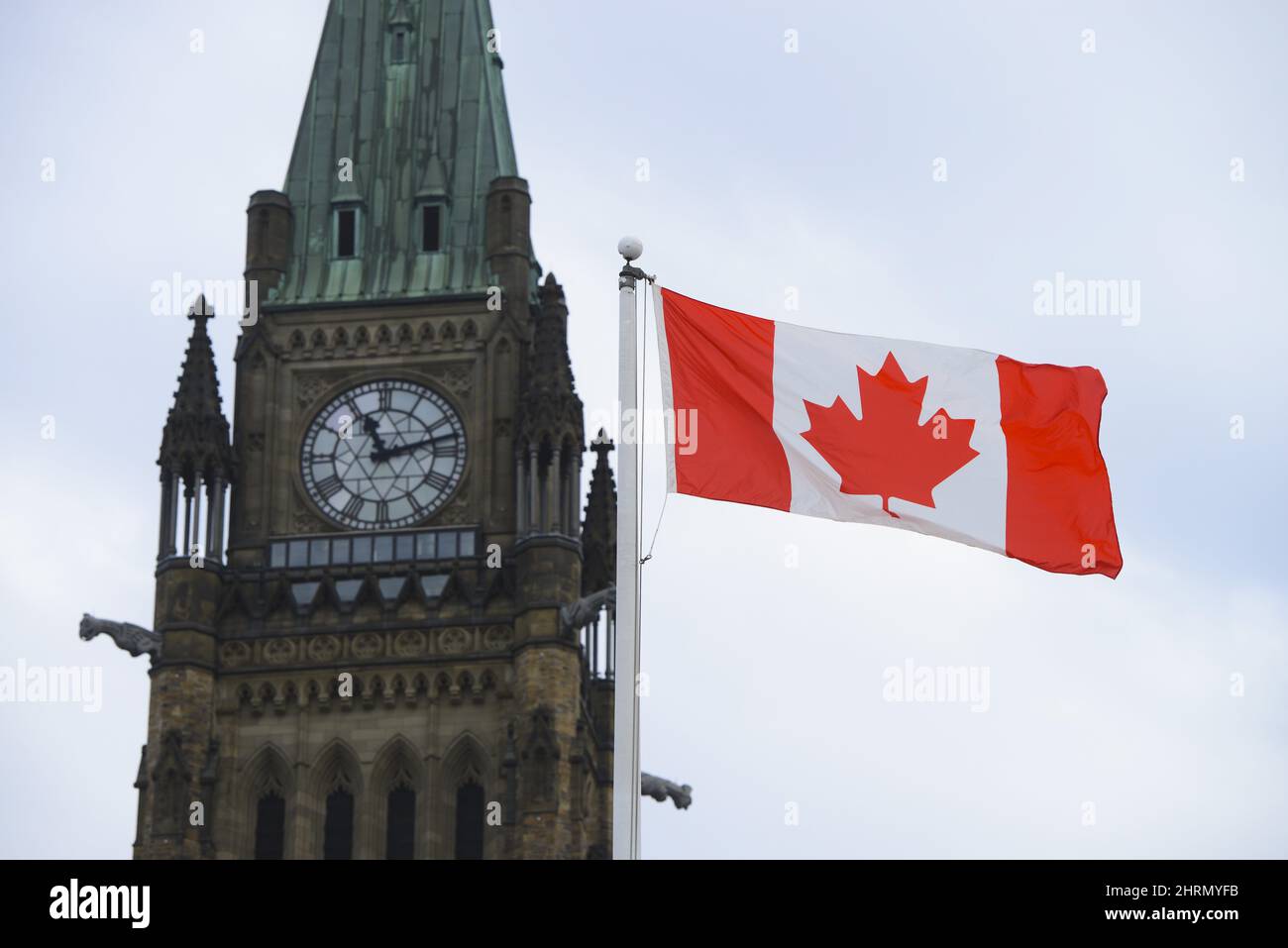 A Canadian flag flies by Parliament Hill in Ottawa on Friday, March 13 ...