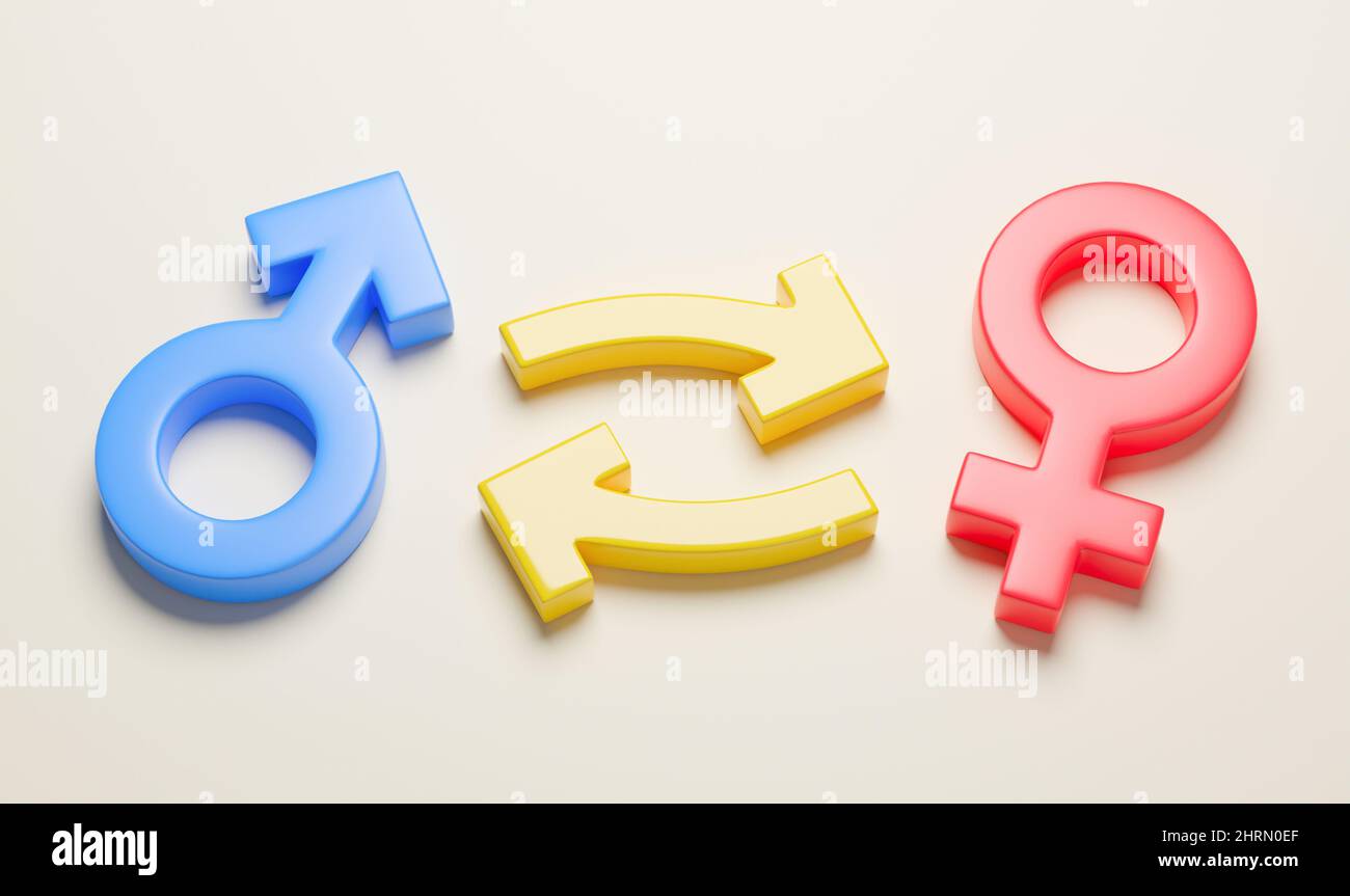 Gender change. Male and female gender symbol with a circular arrow. 3d ...