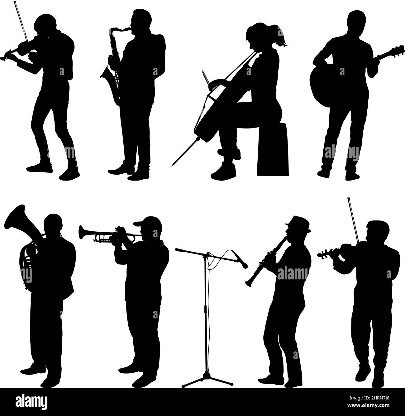 Silhouettes street musicians playing instruments on a white background ...