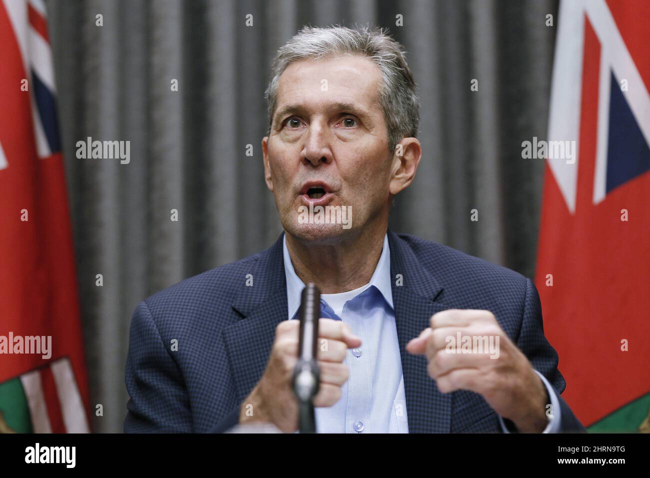 Manitoba Premier Brian Pallister speaks and answers questions during a ...