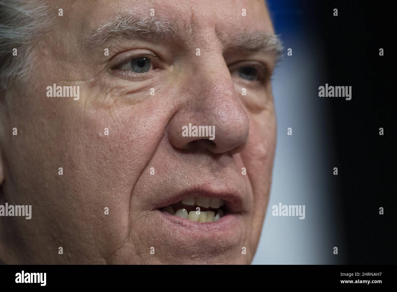 Quebec Premier Francois Legault responds to reporters during a news ...