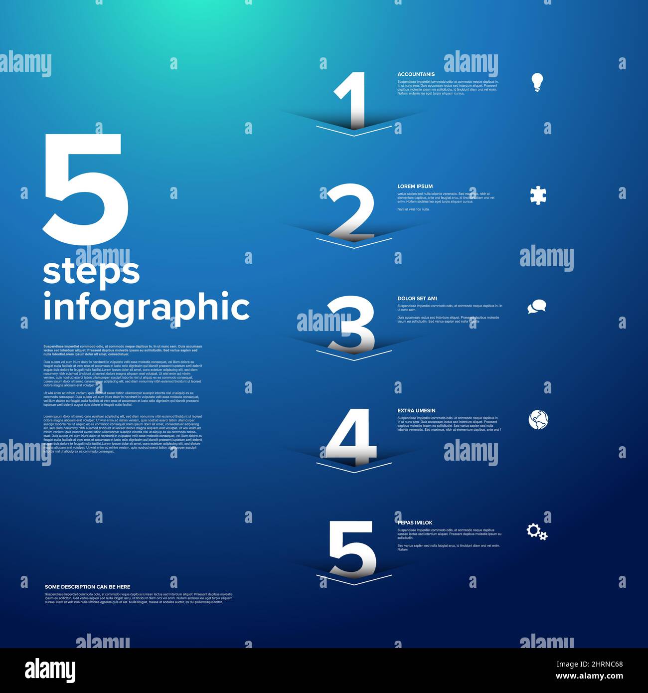 Vector blue five vertical steps progress template with big arrows and ...