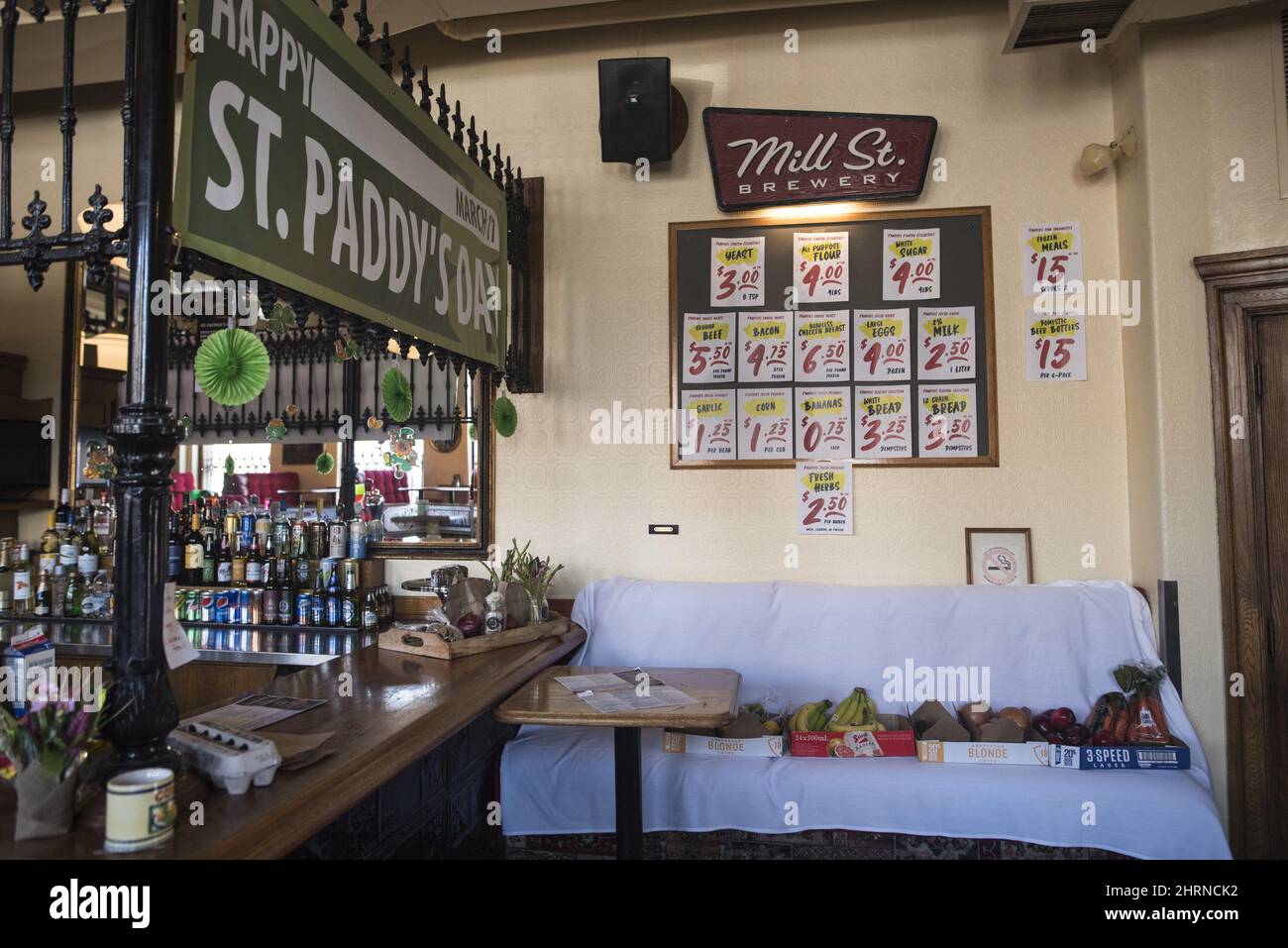 Signage for fresh produce is displayed at Paupers Pub in Toronto on ...