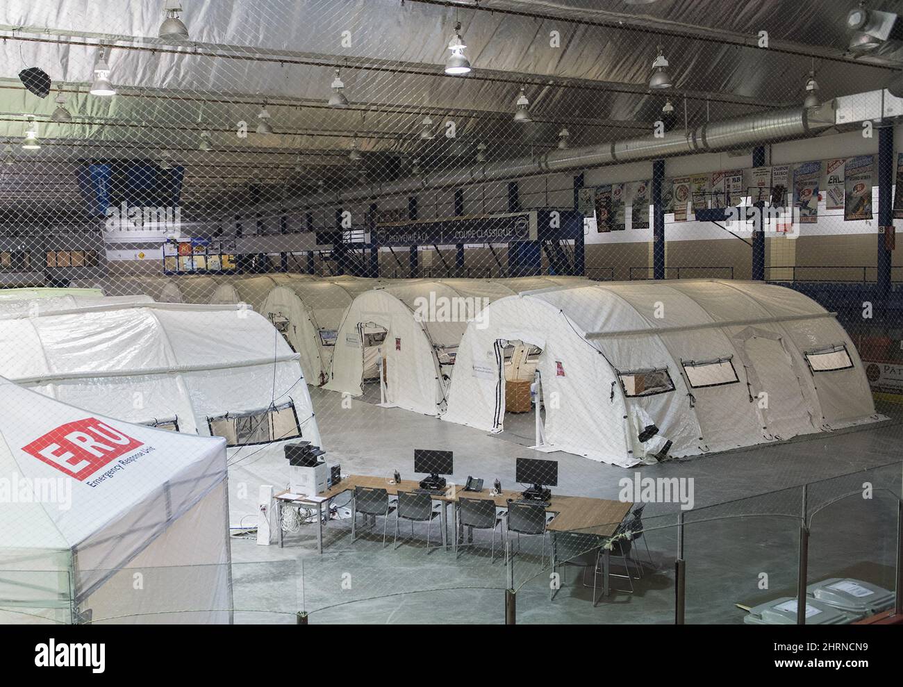 A mobile hospital is shown at the Jacques Lemaire arena in the Montreal ...
