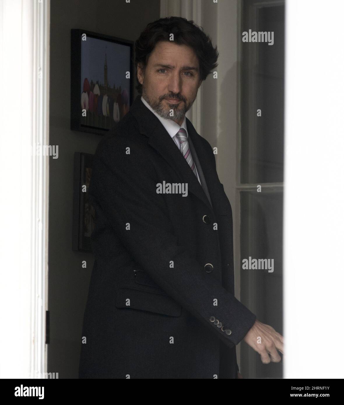 Prime Minister Justin Trudeau steps out of Rideau Cottage for a daily ...