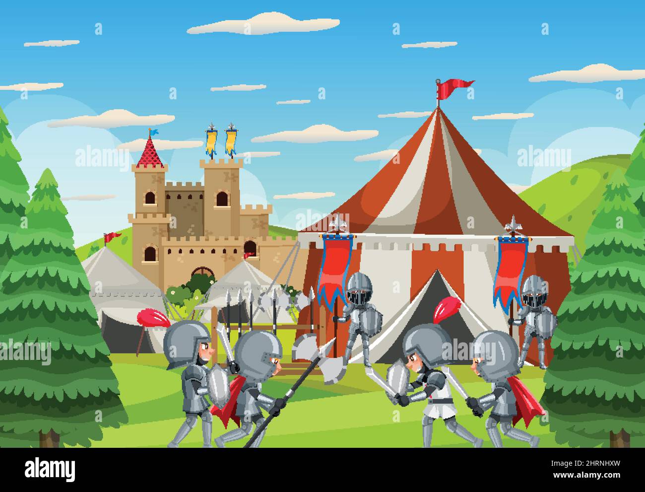 Medieval army camp scene with armour warriors illustration Stock Vector ...