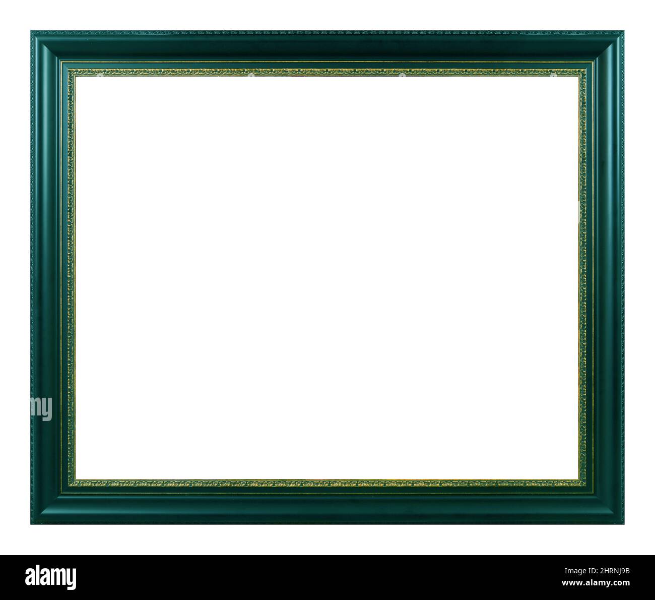 Antique golden pattern green wooden frame isolated on white background ...