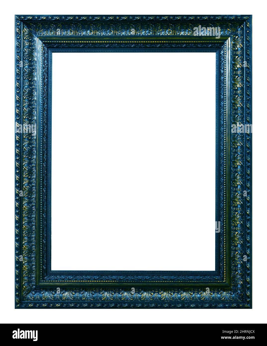 Antique golden pattern blue wooden frame isolated on white background ...