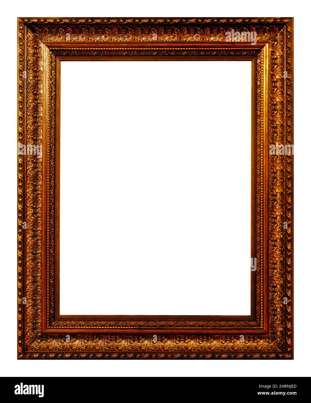 Antique golden pattern brown wooden frame isolated on white background ...